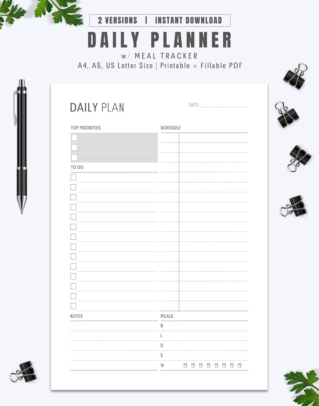 Daily Planner Printable With Meal Tracker Minimalist Daily - Etsy