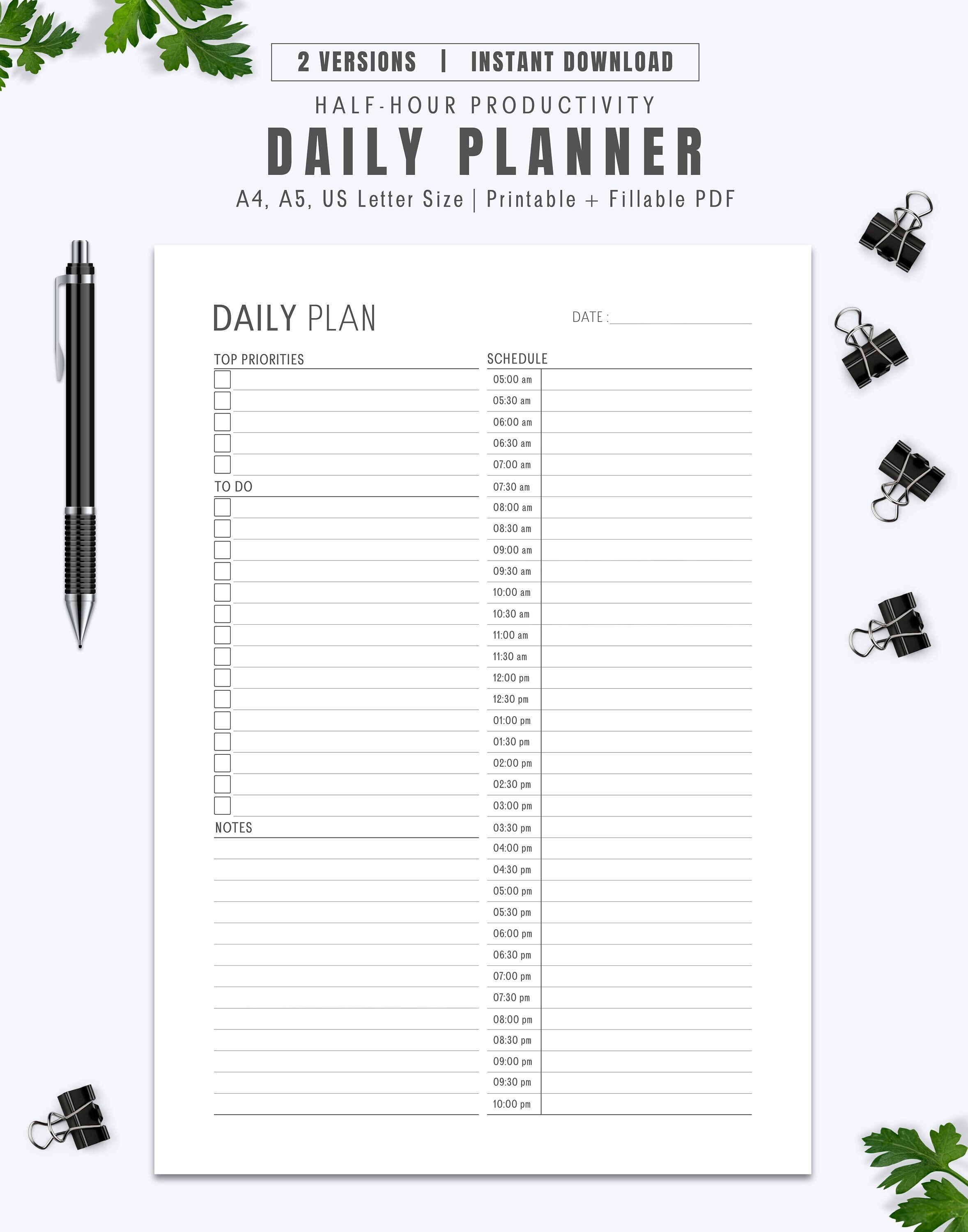 Daily Planner Template to Do List Printable Daily Productivity Planners ...
