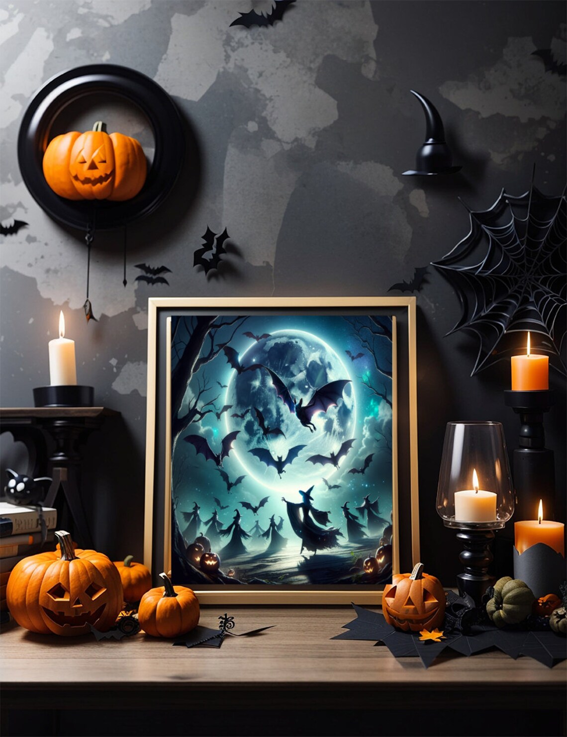 Bundle of 3 Fantastical Witches Pumpkins Bats Full Moon Halloween ...
