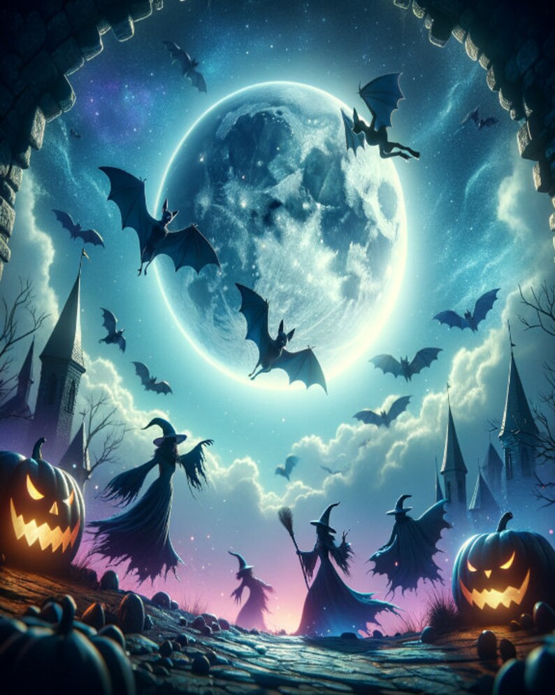 Bundle of 3 Fantastical Witches Pumpkins Bats Full Moon Halloween ...