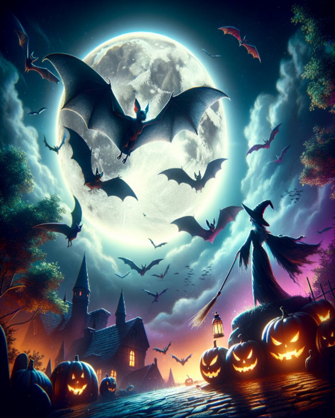 Bundle of 3 Fantastical Witches Pumpkins Bats Full Moon Halloween ...