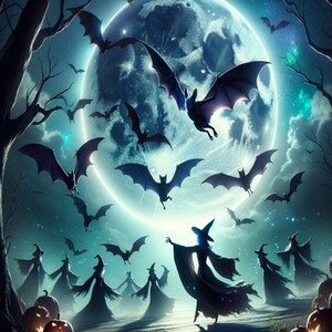 Bundle of 3 Fantastical Witches Pumpkins Bats Full Moon Halloween ...