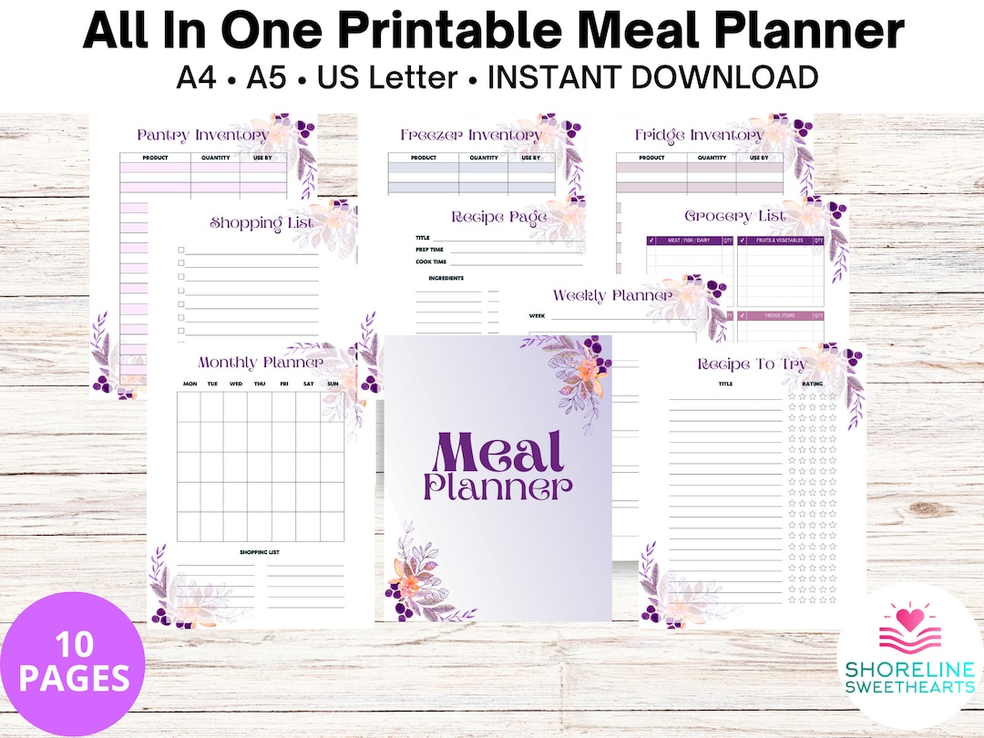 Printable All in One Meal Planner, Monthly Meal Planner, Weekly Meal ...