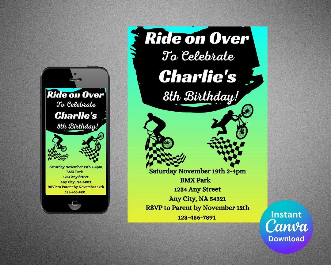 Editable BMX Birthday Invitation, BMX Bike Birthday Party , Printable ...