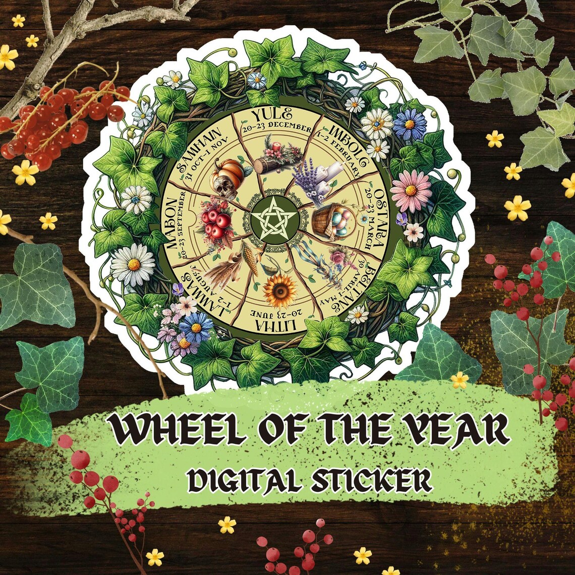 Wheel of the Year Digital Stickers, Pagan Sabbats Art, Grimoire Decal ...