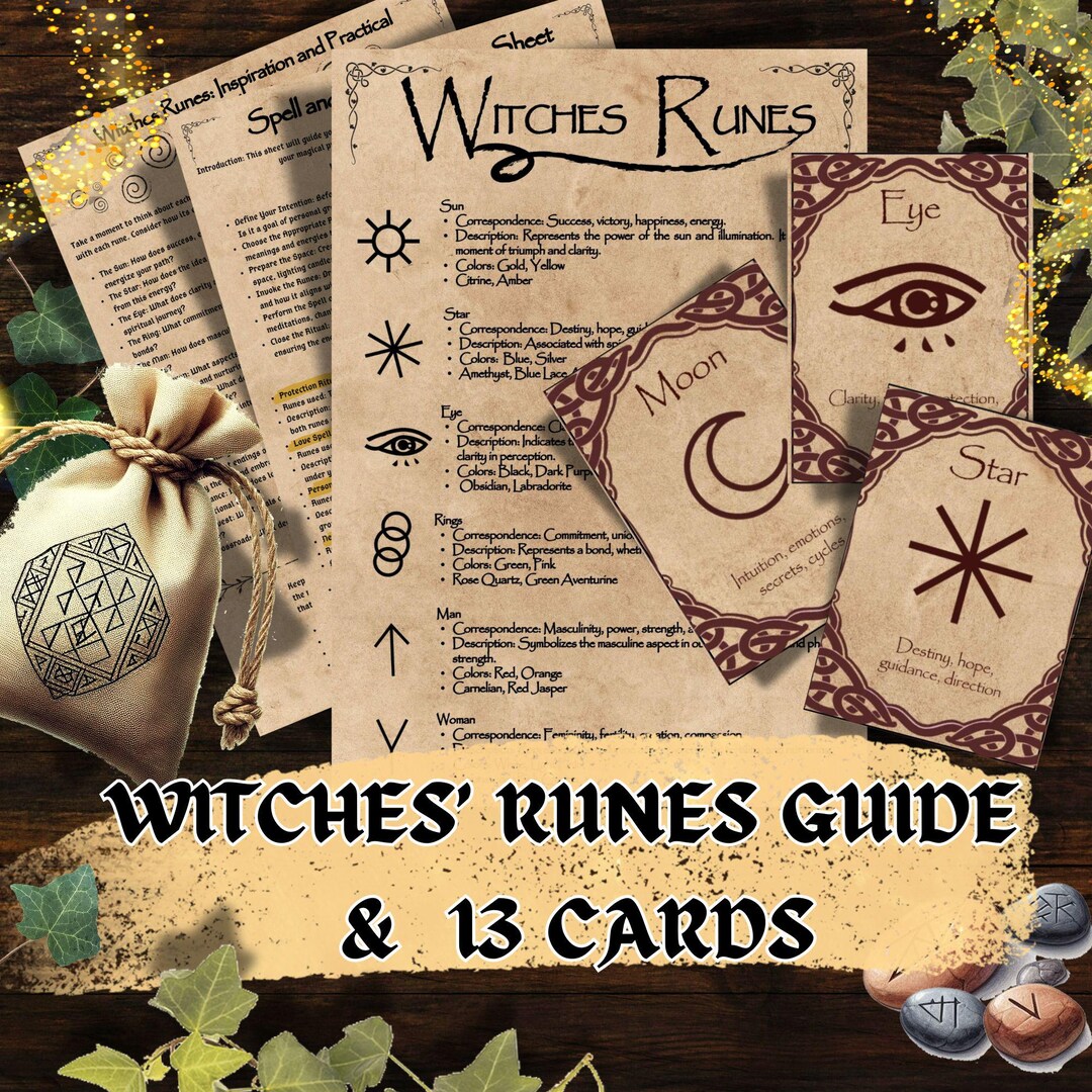Witches Runes Printable Guide, 13 Downloadable Wiccan Rune Oracle Cards ...