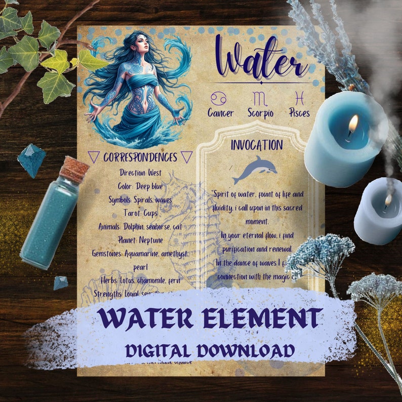 Four Elements Digital Printable Wall Art, Water Element Print, Elemental Witch Guide, Wiccan and ...