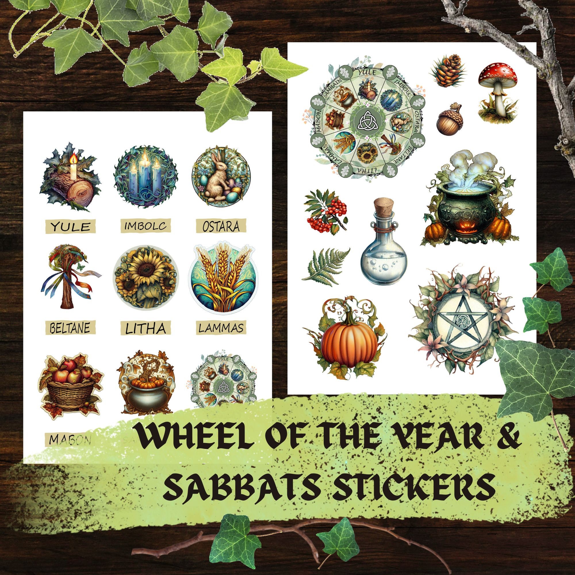 Wheel of the Year Digital Stickers, Sabbats Wheel, Witch Word Labels ...