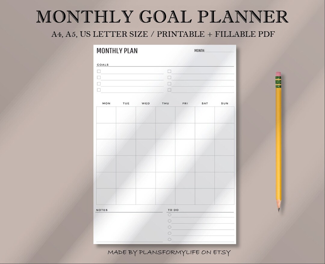 Monthly Goal Planner Printable, Fillable Monthly Planner, Productivity ...