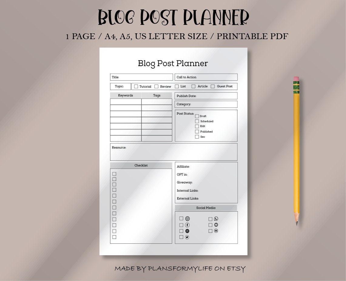 Blog Post Planner Printable Blog Post Checklist Social Media - Etsy