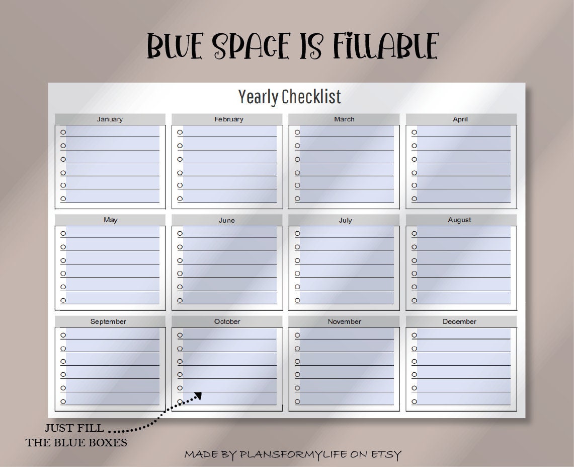 Yearly Checklist Printable Landscape, Yearly Tasks List, Yearly to Do ...