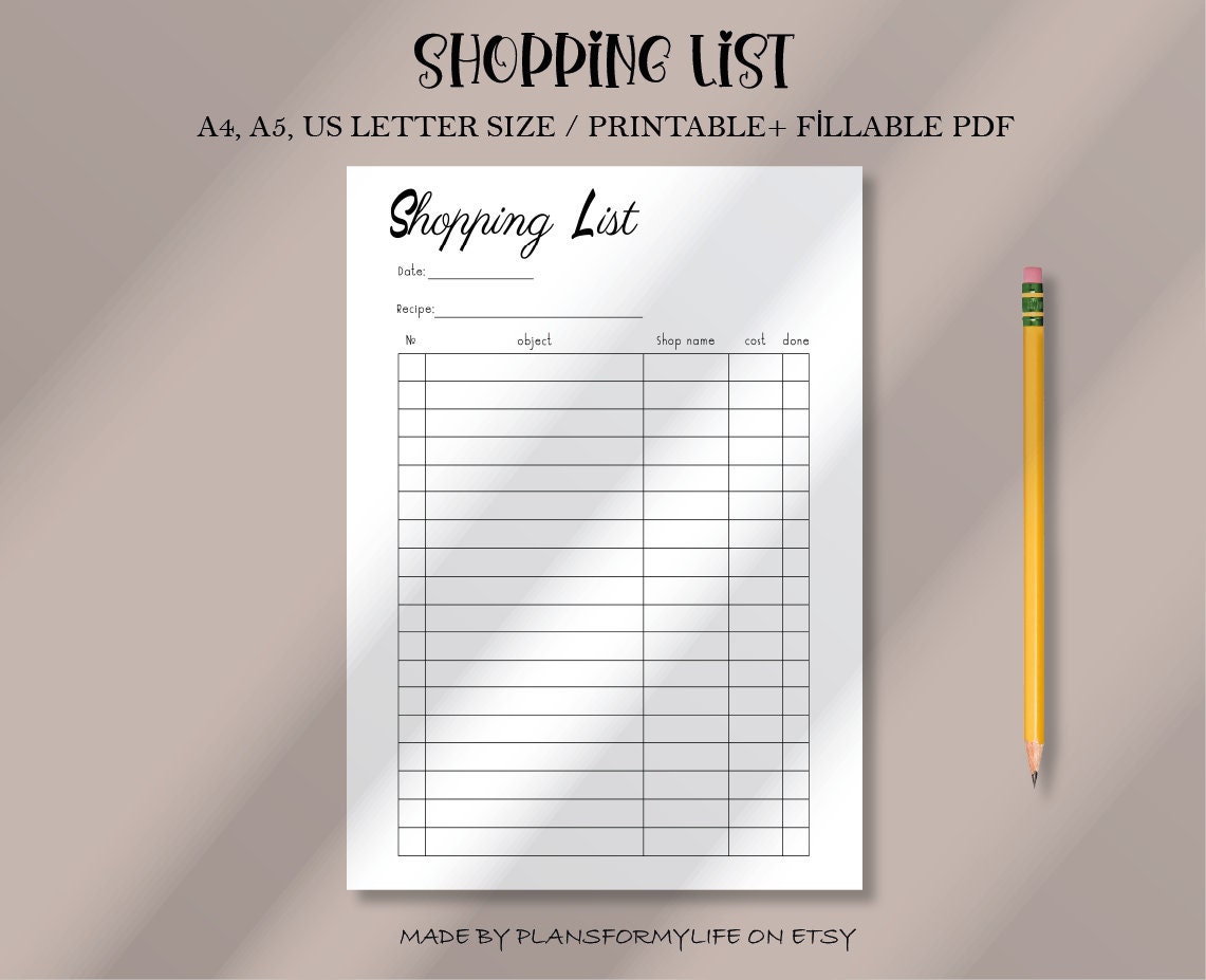 Printable Shopping List Template, to Buy List, Item Checklist, Shopping Plan, Recipe Book ...