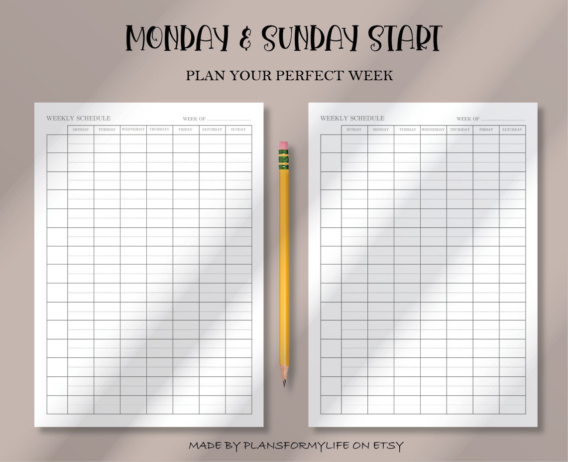 Hourly Weekly Schedule Mon&sun Start Weekly Planner Week at - Etsy