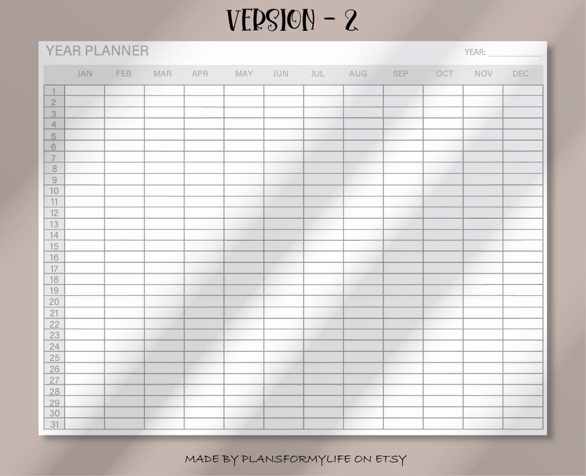 Undated Year Calendar Printable & Fillable, Year at a Glance, Year on ...