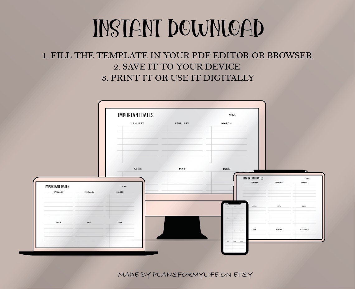 Yearly Important Dates Printable Birthdays Anniversaries - Etsy