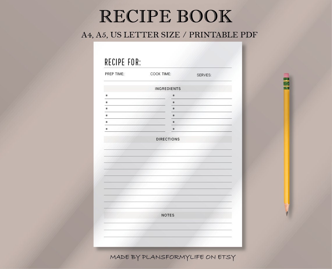 Recipe Book Template Printable, Printable Recipe Binder, Recipe Page ...