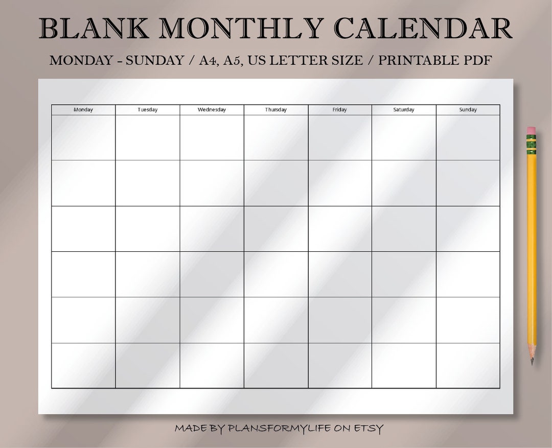 Blank Monthly Calendar Printable Landscape, Minimalist Calendar ...
