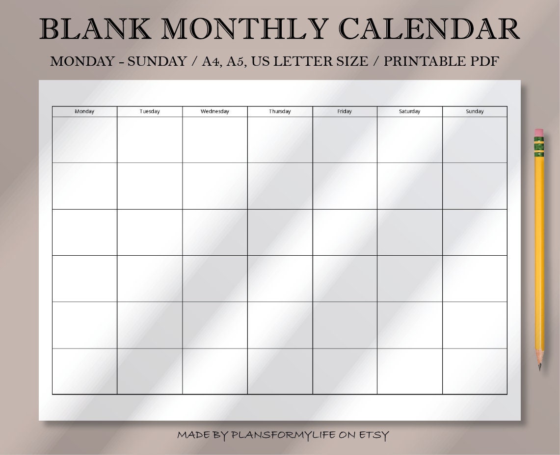 Blank Monthly Calendar Printable Landscape, Minimalist Calendar ...