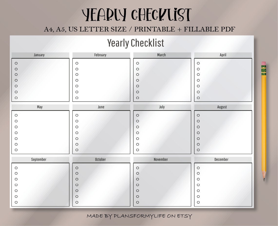 Yearly Checklist Printable Landscape Yearly Tasks List - Etsy