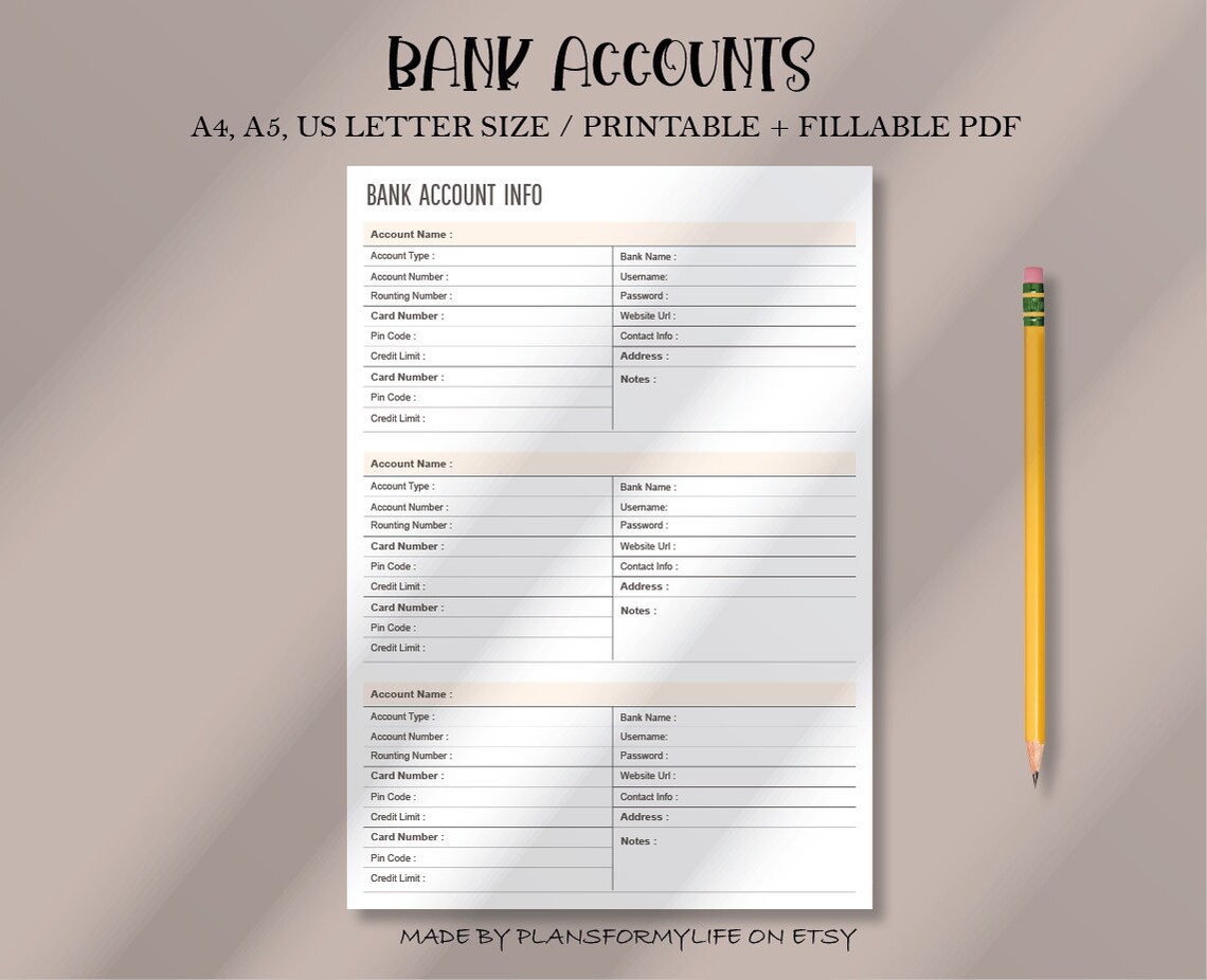Bank Account Information Tracker Printable Bank Account Log - Etsy