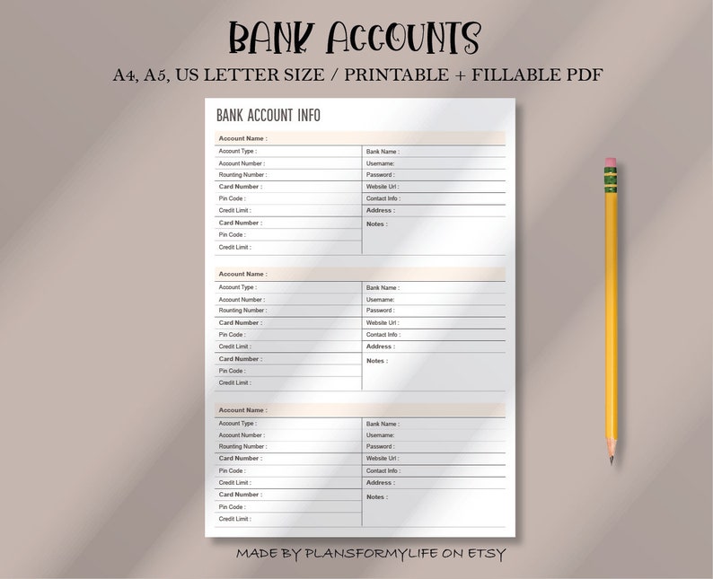 Bank Account Information Tracker Printable Bank Account Log - Etsy