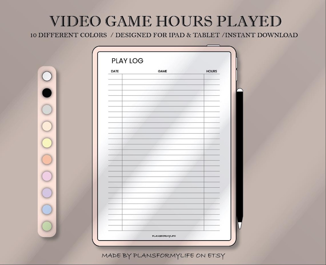 Digital Gaming Log Template, Video Game Hours Played Tracker, Digital ...