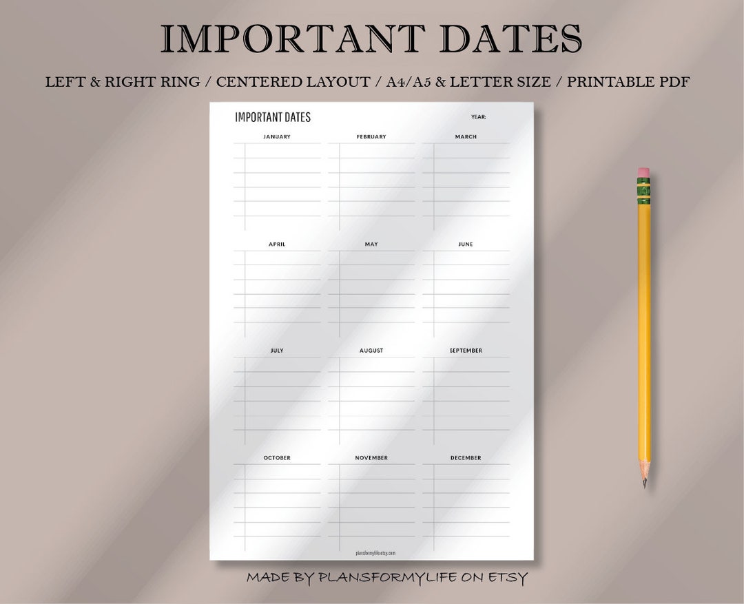Yearly Important Dates Printable - Birthdays, Anniversaries, Travels ...