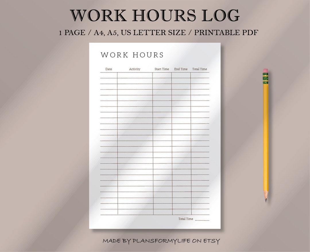Working Hours Log Printable, Work Time Tracker, Activity Tracker, Work ...