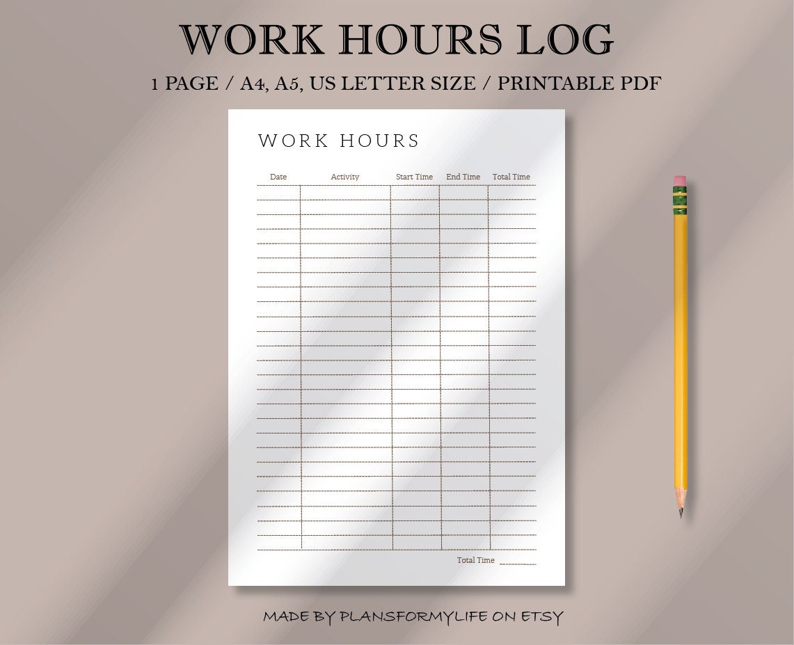 Working Hours Log Printable, Work Time Tracker, Activity Tracker, Work ...