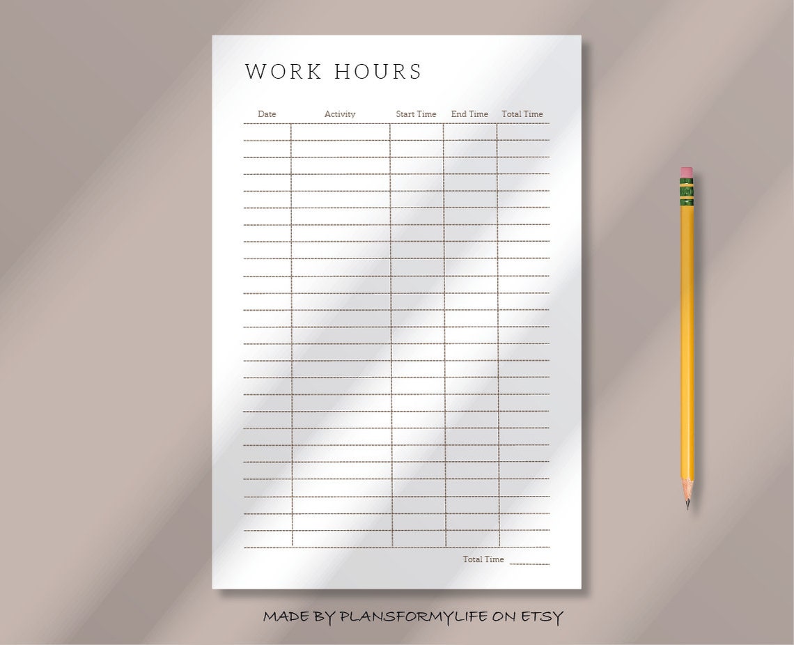 Working Hours Log Printable, Work Time Tracker, Activity Tracker, Work ...