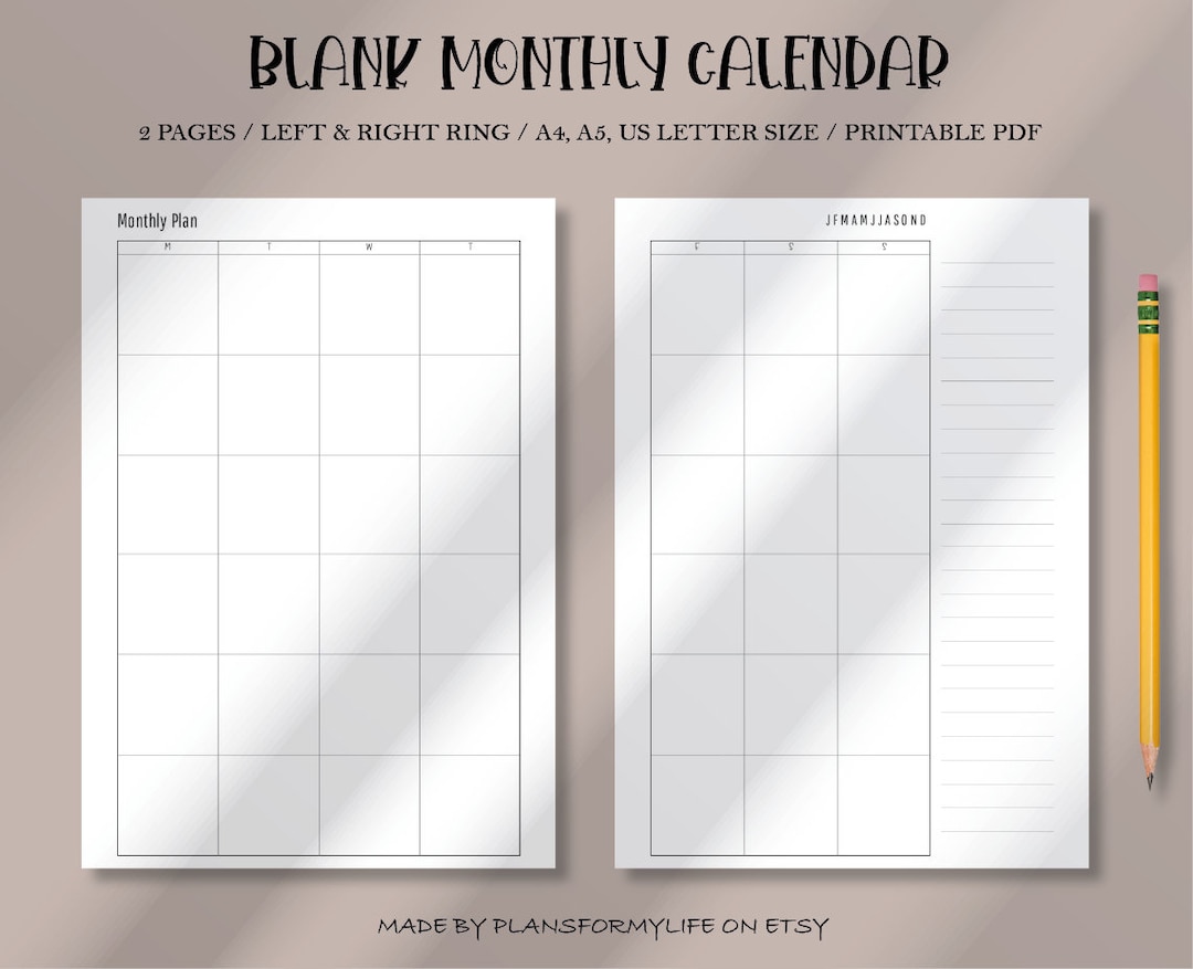 2 Page Blank Monthly Calendar Printable Minimalist Calendar - Etsy