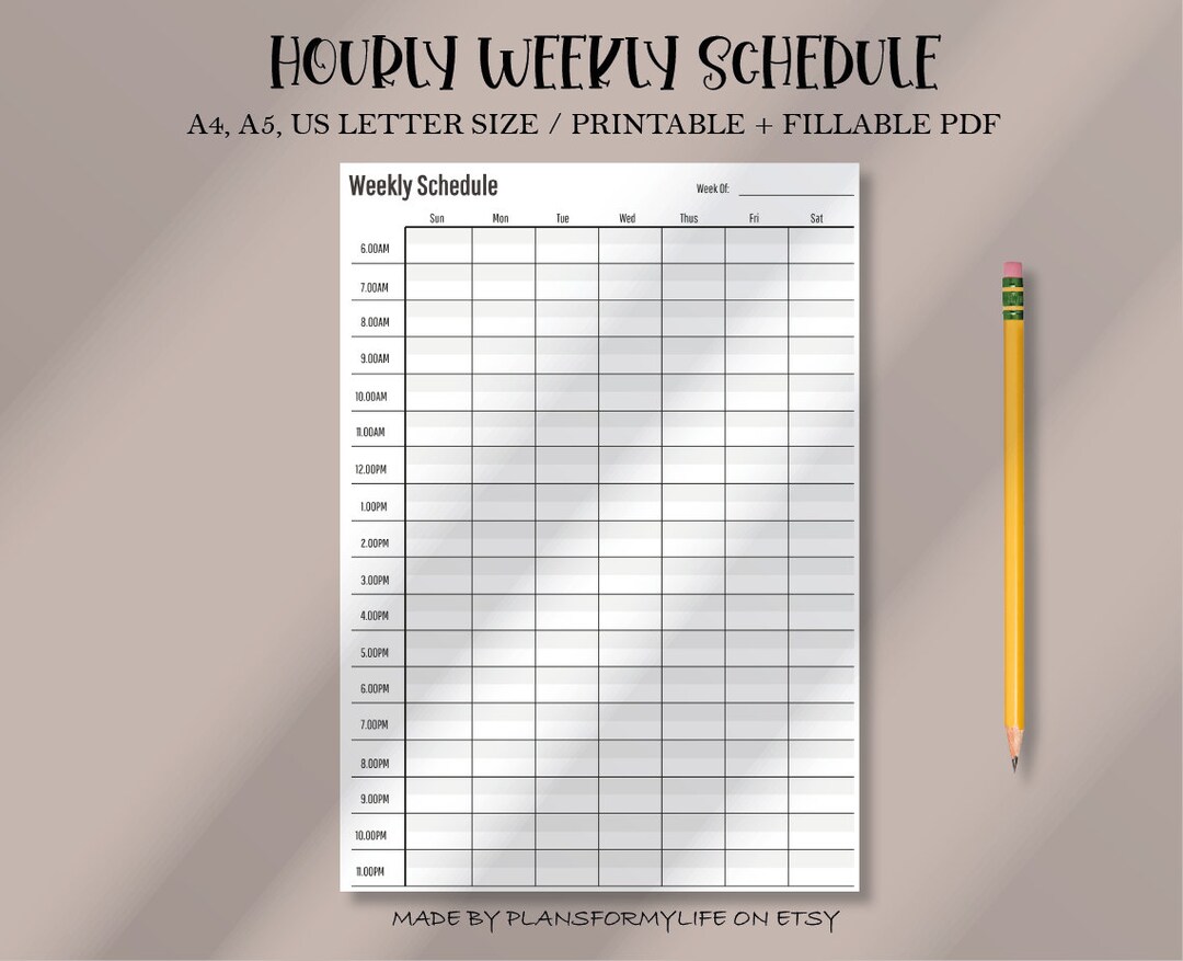 Hourly Weekly Schedule Printable, Weekly Planner, Week at a Glance ...