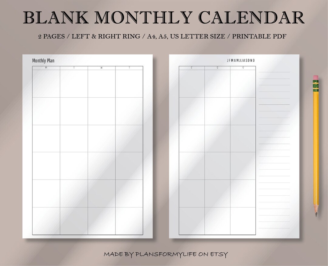 2 Page Blank Monthly Calendar Printable, Minimalist Calendar Template ...