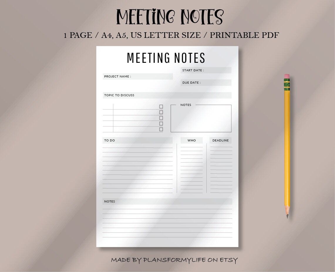 Meeting Notes Template Printable Meeting Minutes Meeting - Etsy