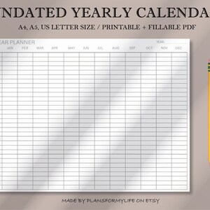 Undated Year Calendar Printable & Fillable, Year at a Glance, Year on ...