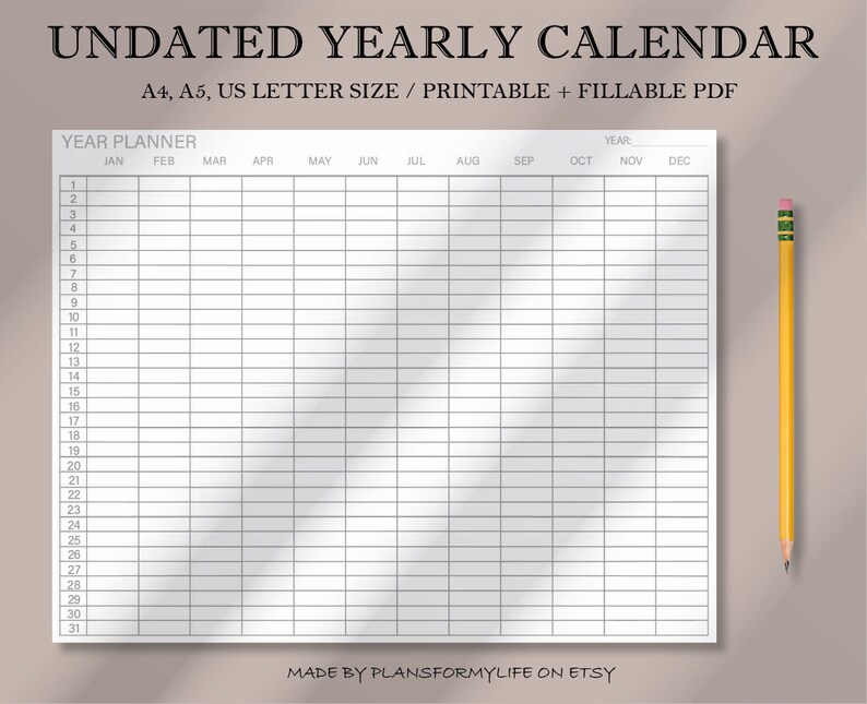 Undated Year Calendar Printable & Fillable, Year at a Glance, Year on ...