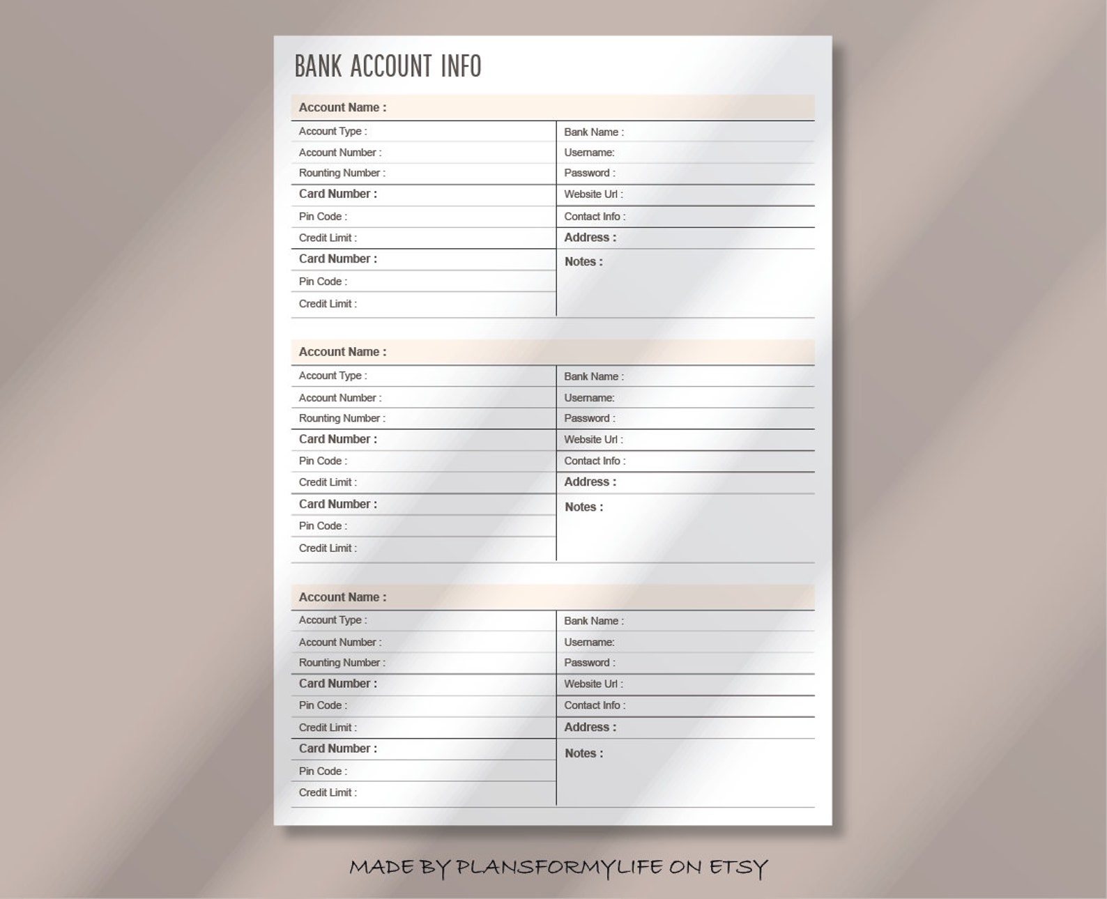 Bank Account Information Tracker Printable, Bank Account Log, Bank ...