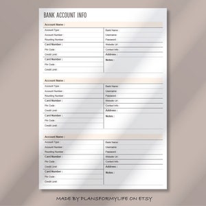 Bank Account Information Tracker Printable, Bank Account Log, Bank ...
