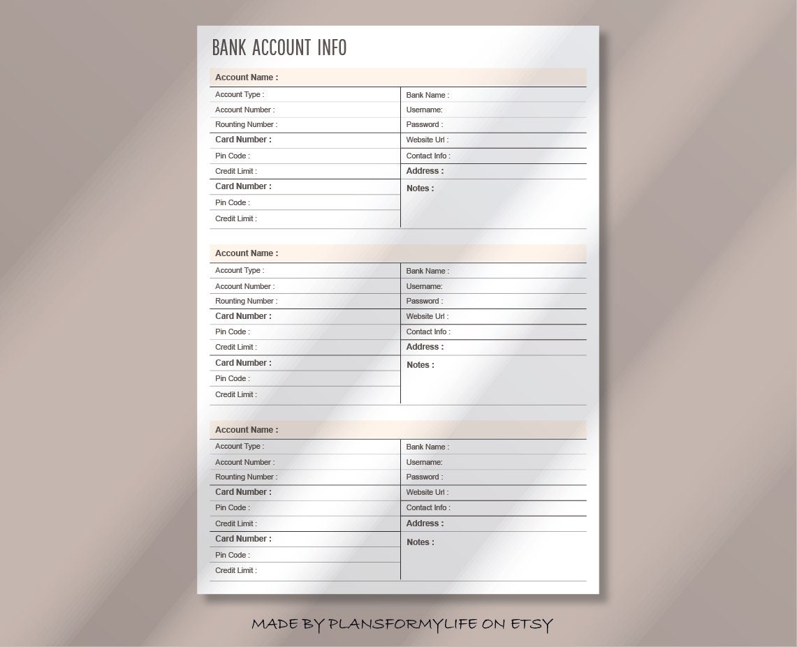 Bank Account Information Tracker Printable, Bank Account Log, Bank ...