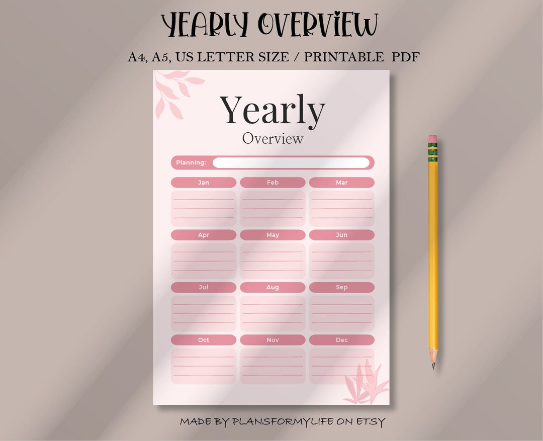 Yearly Overview, Printable Yearly Planner on One Page, Year at a Glance ...