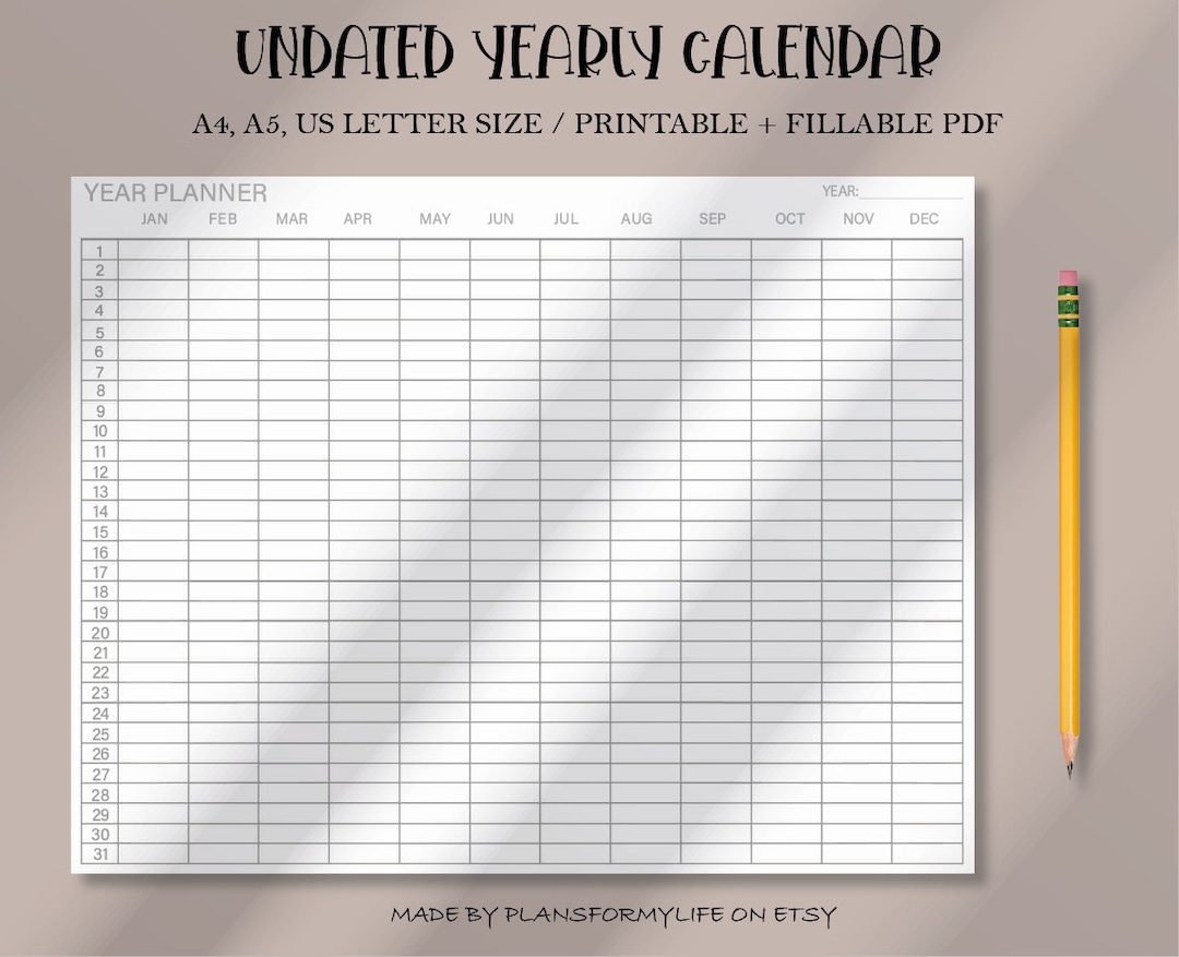 Undated Year Calendar Printable & Fillable Year at a Glance - Etsy