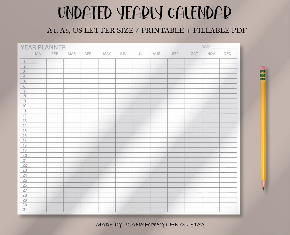 Undated Year Calendar Printable & Fillable Year at a Glance - Etsy