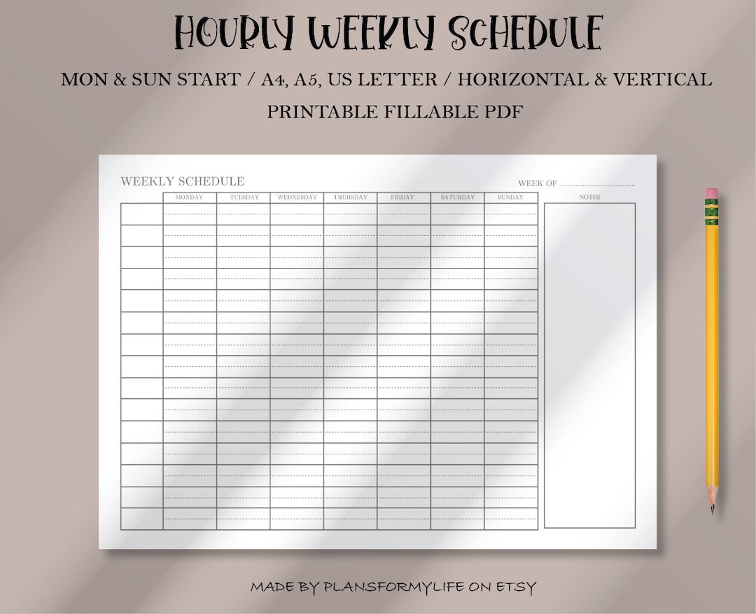 Hourly Weekly Schedule, Mon&sun Start, Weekly Planner, Week at a Glance ...
