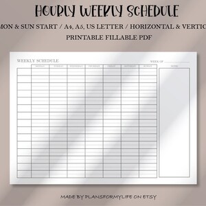 Hourly Weekly Schedule Mon&sun Start Weekly Planner Week at - Etsy