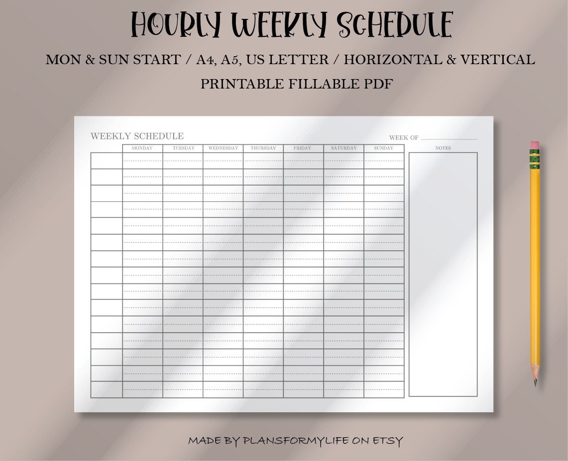Hourly Weekly Schedule Mon&sun Start Weekly Planner Week at - Etsy