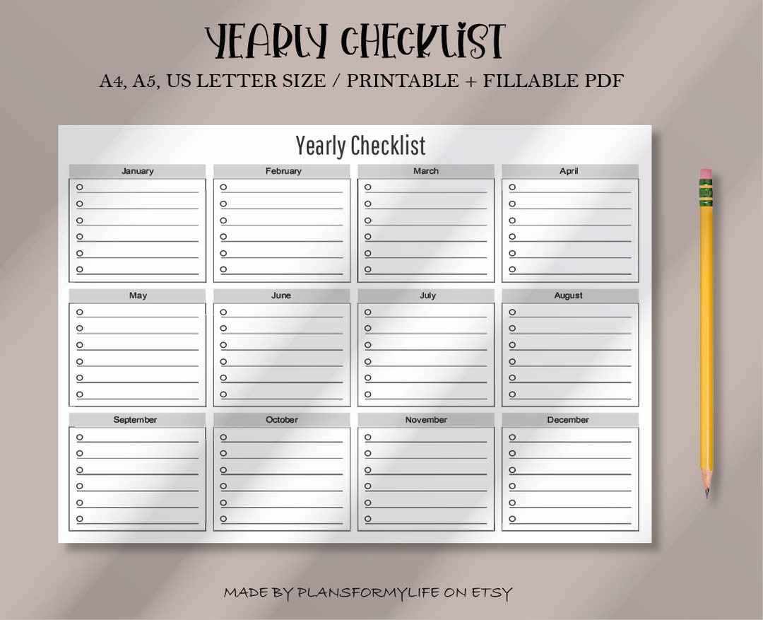 Yearly Checklist Printable Landscape, Yearly Tasks List, Yearly to Do ...