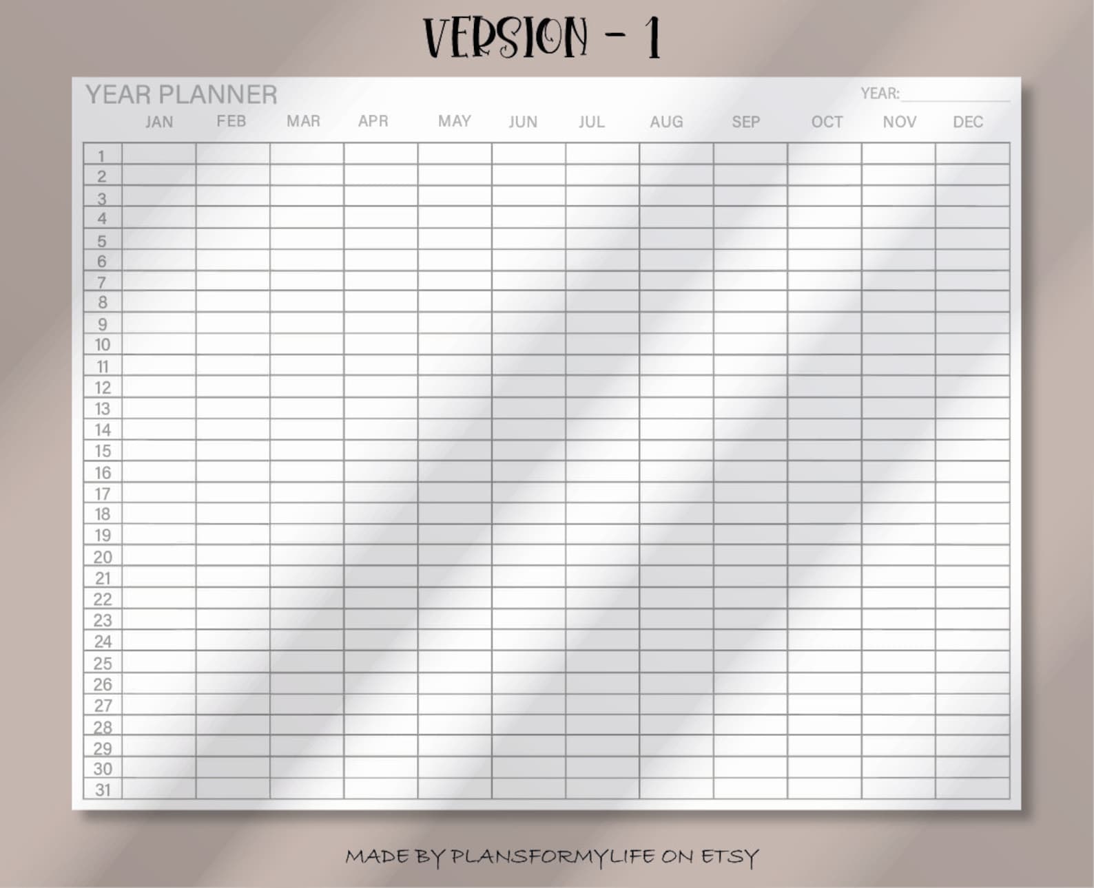 Undated Year Calendar Printable & Fillable, Year at a Glance, Year on ...