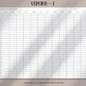 Undated Year Calendar Printable & Fillable, Year at a Glance, Year on ...