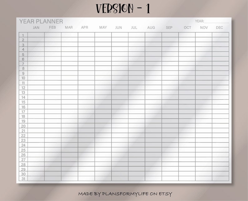 Undated Year Calendar Printable & Fillable, Year at a Glance, Year on ...