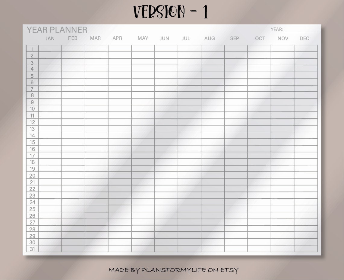 Undated Year Calendar Printable & Fillable, Year at a Glance, Year on ...